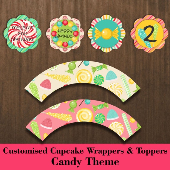 Items similar to candy theme printable cupcake toppers & wrappers ...