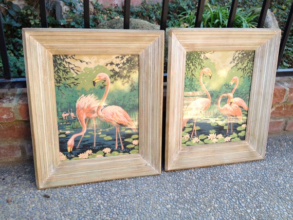 Pair of Framed Hemia Calpini 1940s Silkscreen Flamingos