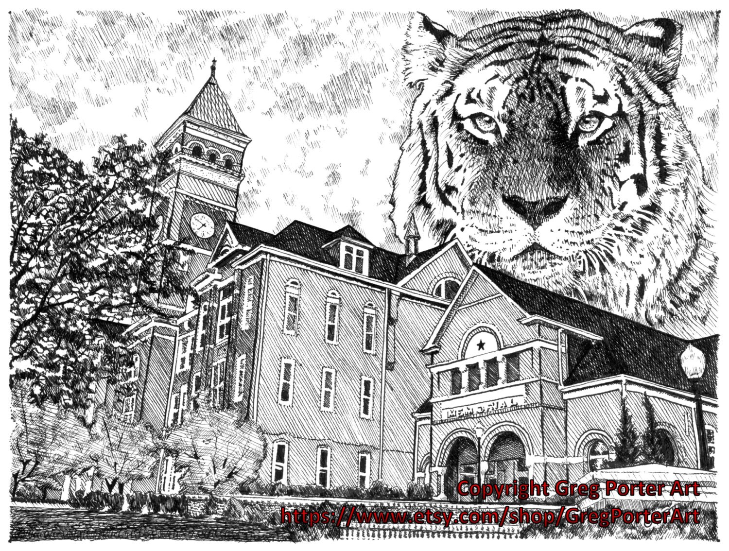 Clemson Tillman Hall Tiger Print by GregPorterArt on Etsy
