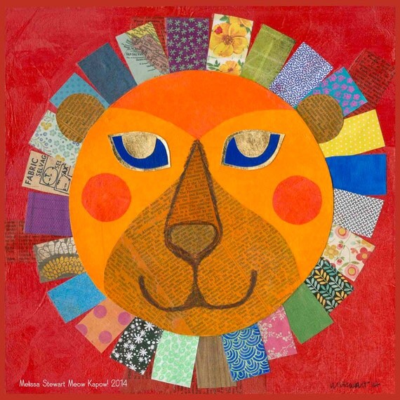 Items similar to Collage Art Print // Red Home Decor // Lion on Etsy