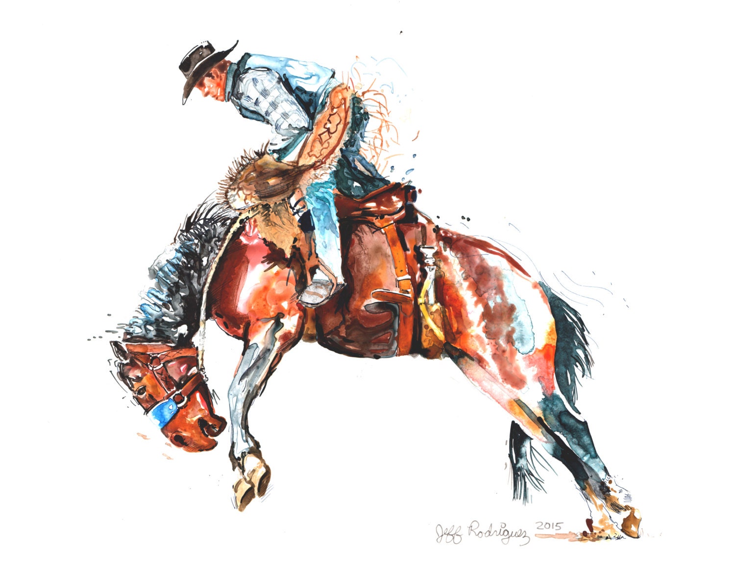 Watercolor artwork of cowboy Painting of western bronco