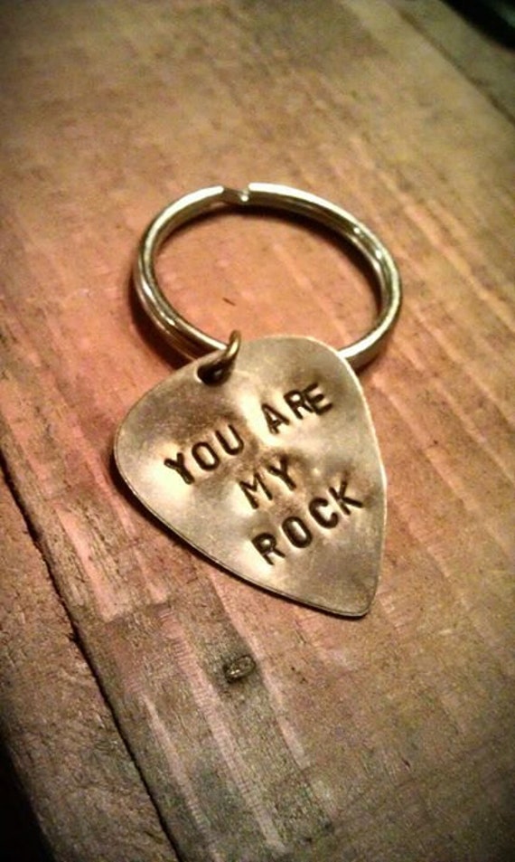 Items similar to You are my rock hand stamped guitar pick keychain or ...