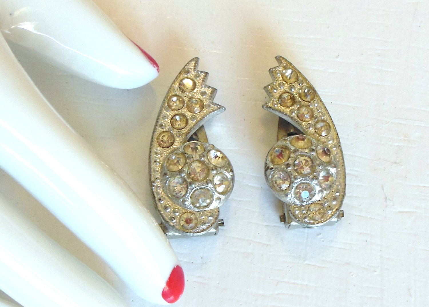 Vintage Pot Metal Dress Clips Rhinestone Art Deco 40's