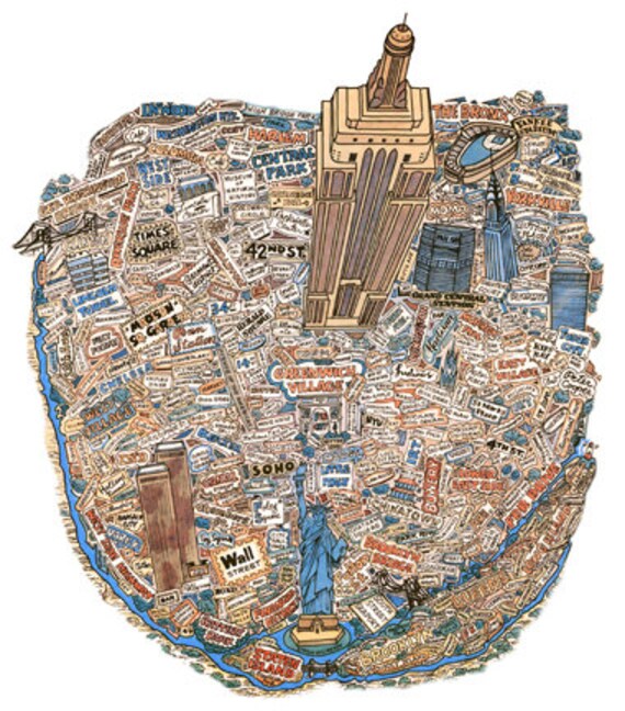 Manhattan Map Vintage 1980s Art Illustration New York City NYC