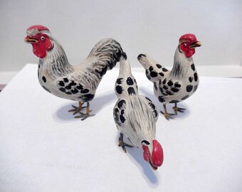 antique German chicken and rooster figurines, composite bodies, metal ...