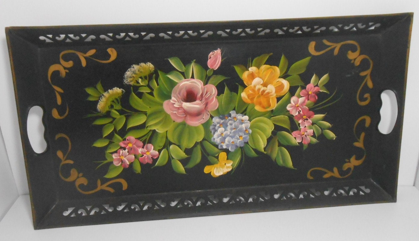 Metal Serving Tray Mid Century Hand Painted Tray Black Metal Tray ...