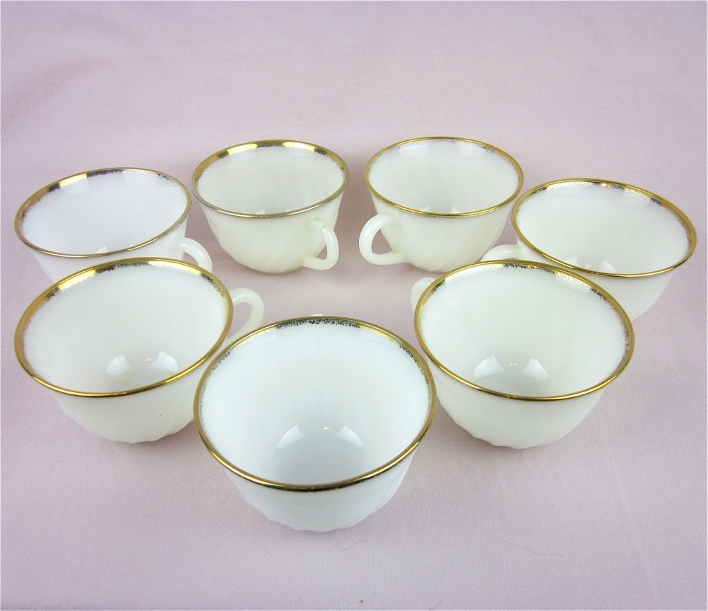 Vintage Fire King Tea Cups, White with Gold Rim, Set of Seven – Haute Juice