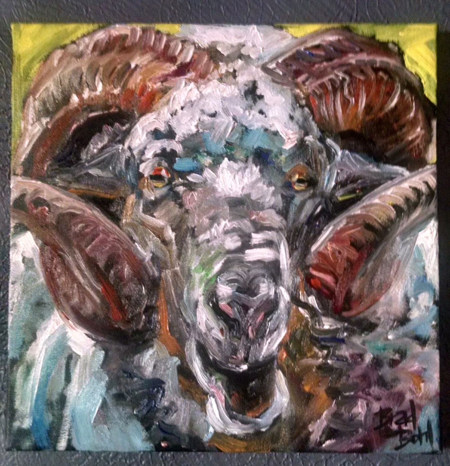 Sheep Ram Painting 14x14 original oil by Brad by BradleysArt