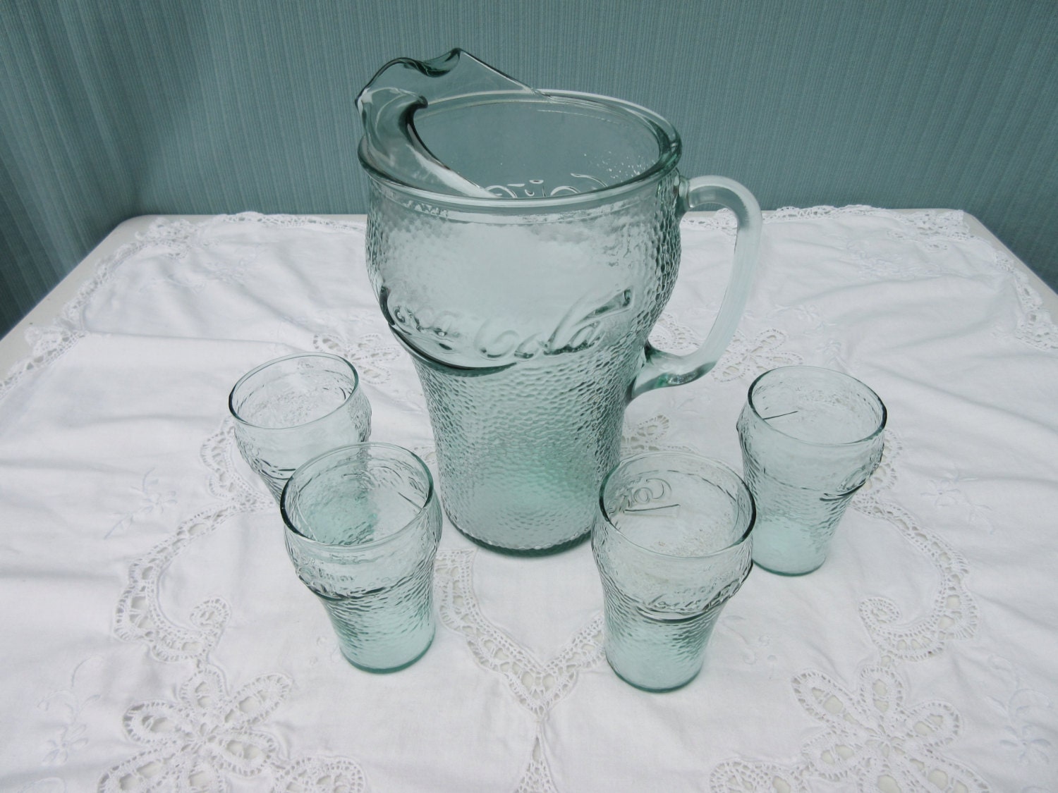Vintage, clear green glass,dimpled,textured,Coke,Coca-Cola pitcher and ...