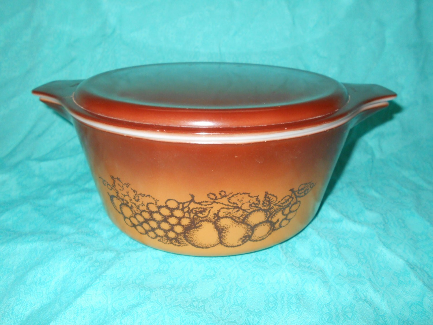 Vintage Pyrex Casserole With Lid- Old Orchard Brown Pattern Pyrex Bowl ...