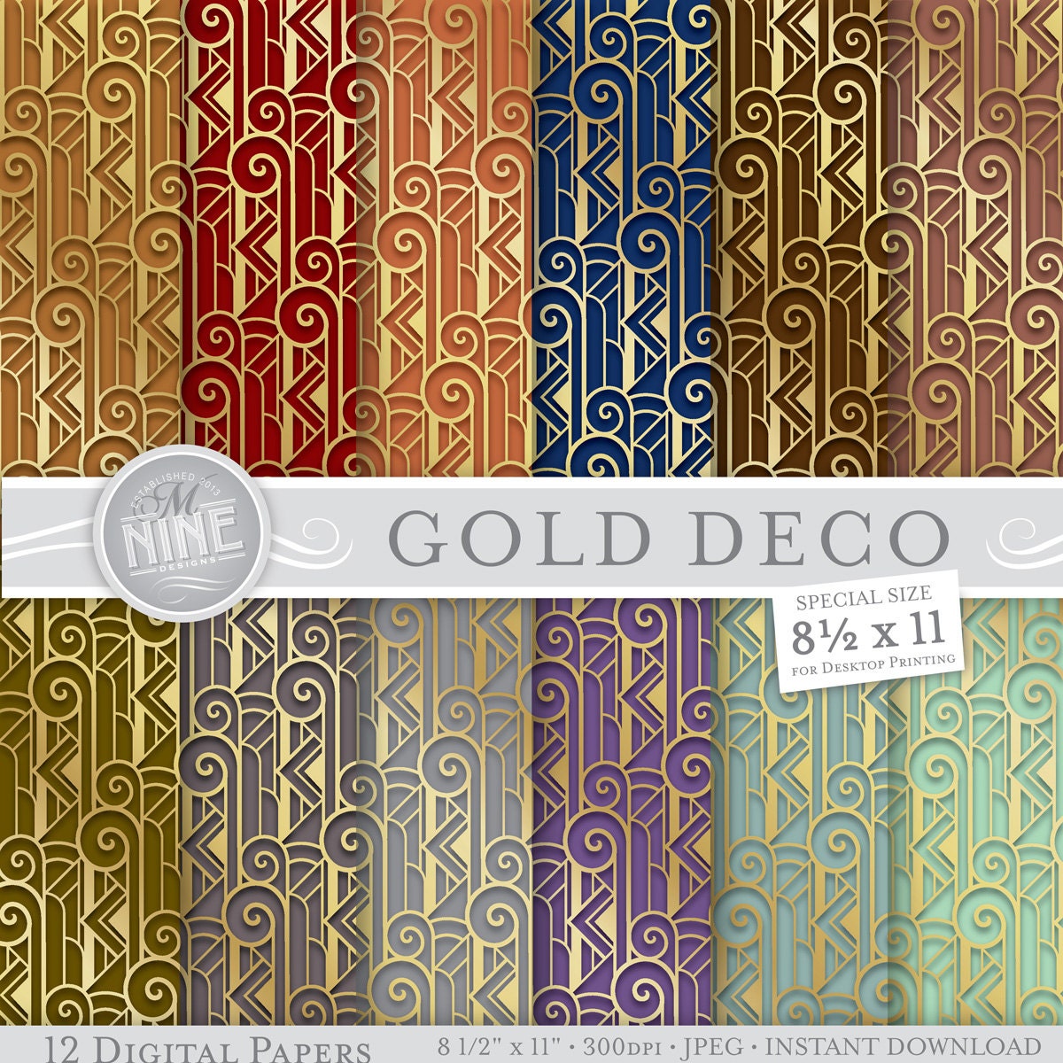 Art Deco Digital Paper: GOLD DECO PATTERN Printable Pattern