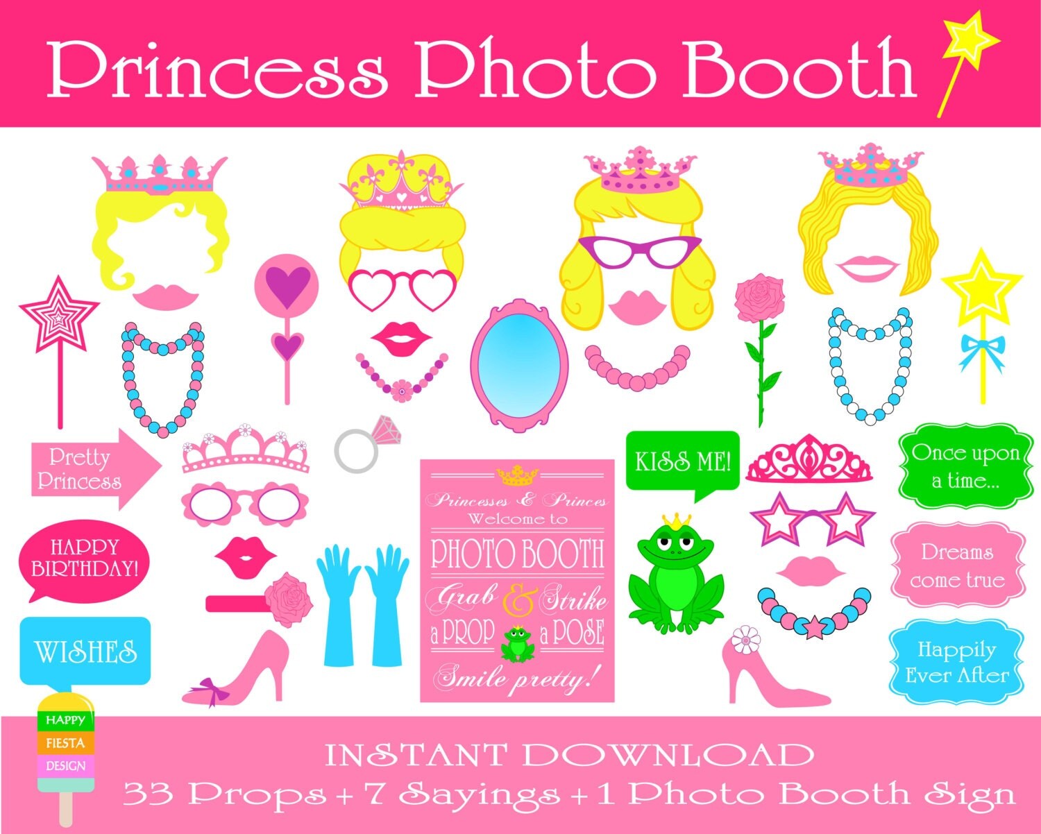 PRINTABLE Princess Photo Booth Props-Photo Booth Sign-Printabe