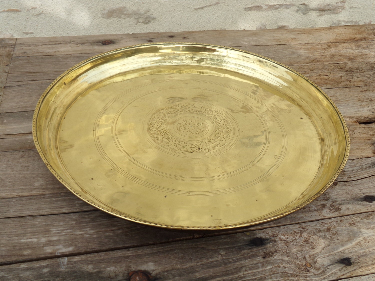 Vintage brass Moroccan large round serving tray. Arabic /Islamic design ...