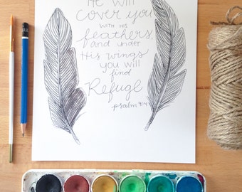 He Will Cover You With His Feathers - Psalm 91:4 Bible Verse, Black and ...