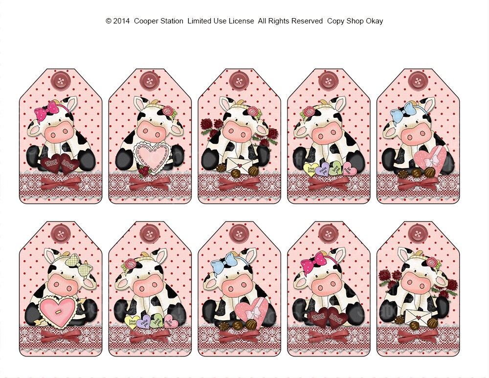 Digital Printable Valentine Cow Gift Tags