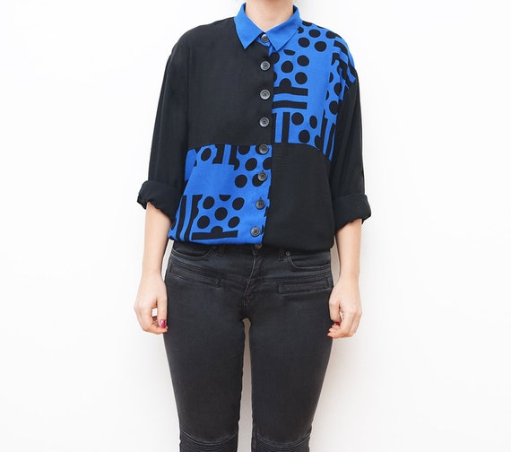 Vintage black button up long sleeve 80s women shirt / blue