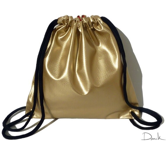 Items similar to Gold Drawstring Bag / Purse / Vegan / Backpack ...