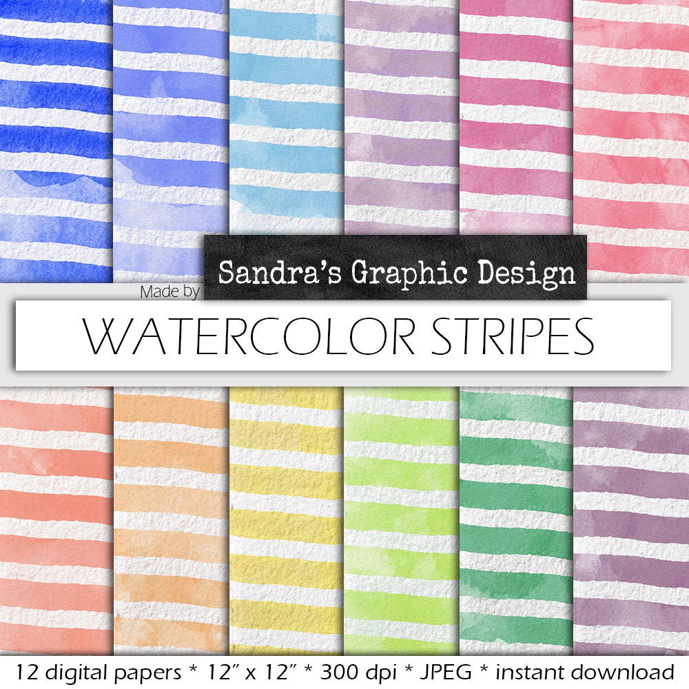 Watercolor digital paper: “WATERCOLOR STRIPES PAPER” with handpainted ...