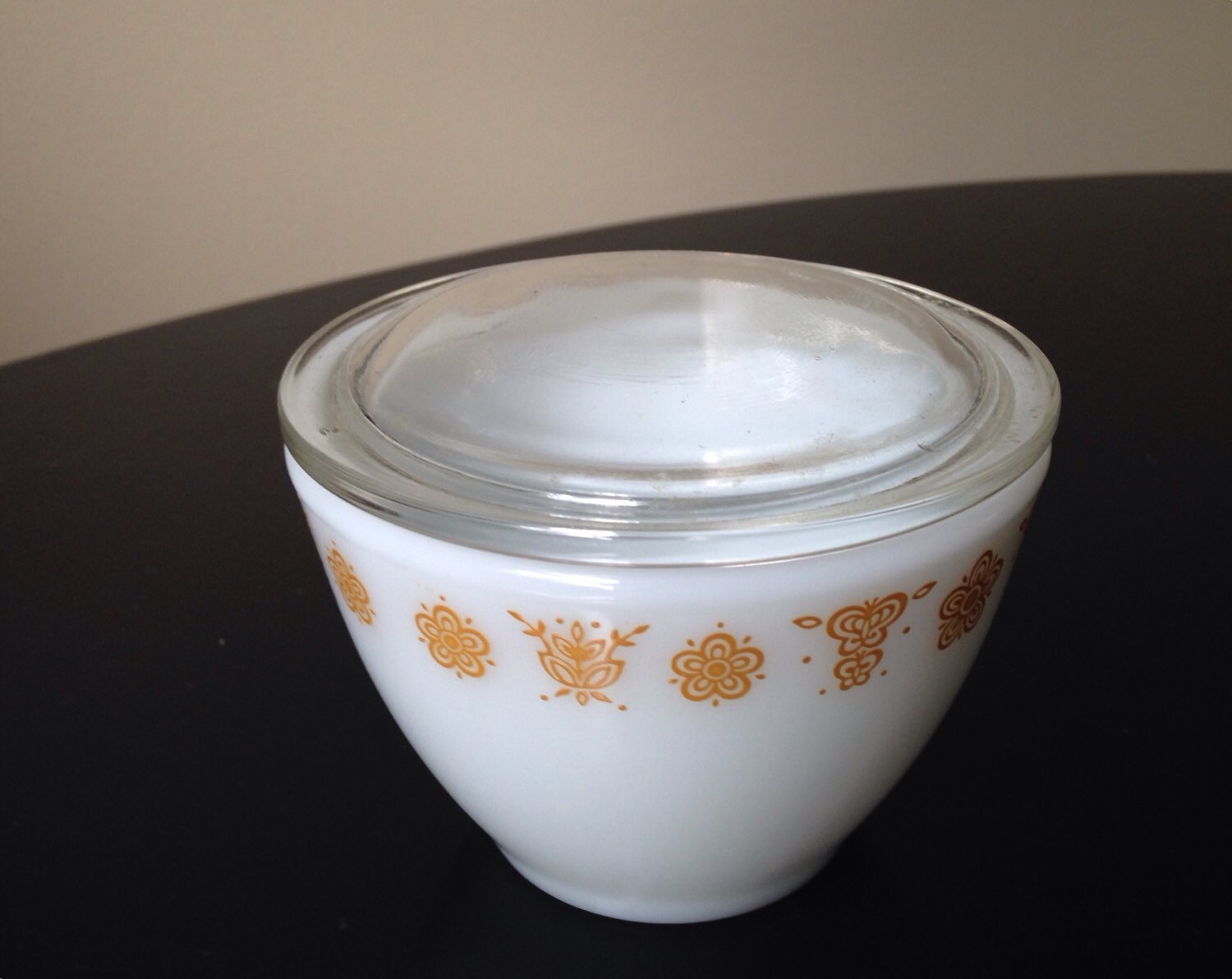 Pyrex Butterfly Gold vintage sugar dish white milk glass mustard gold ...