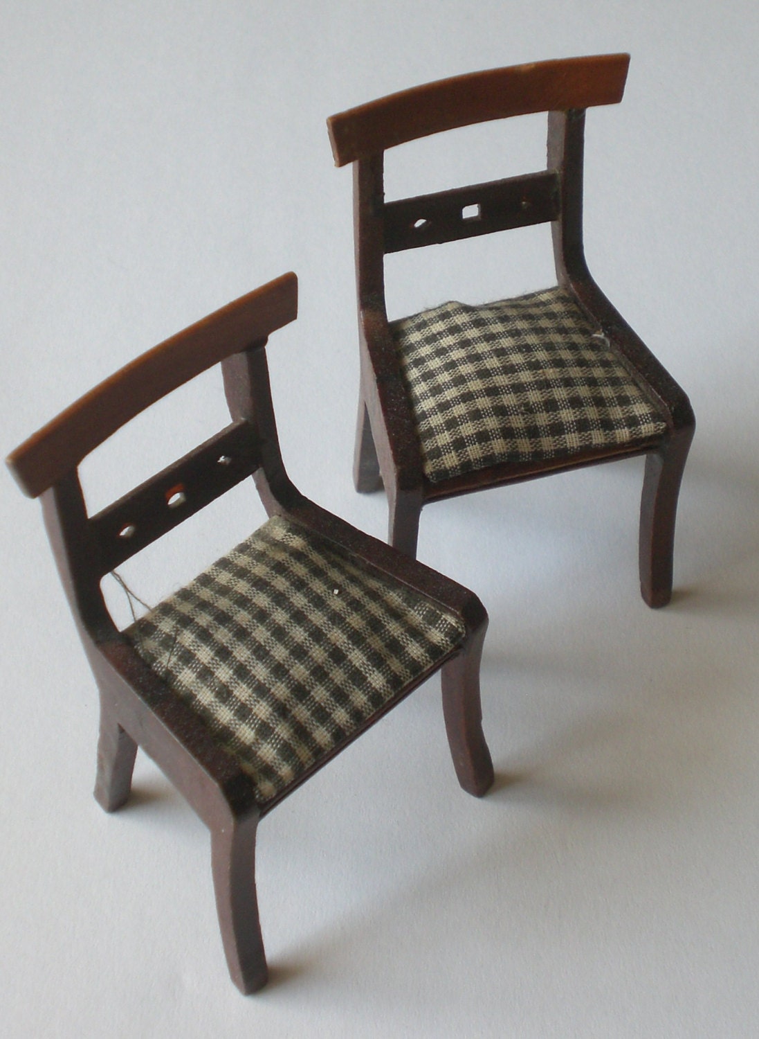 Dolls house furniture TWO Wooden chairs with upholstered seats in brown ...