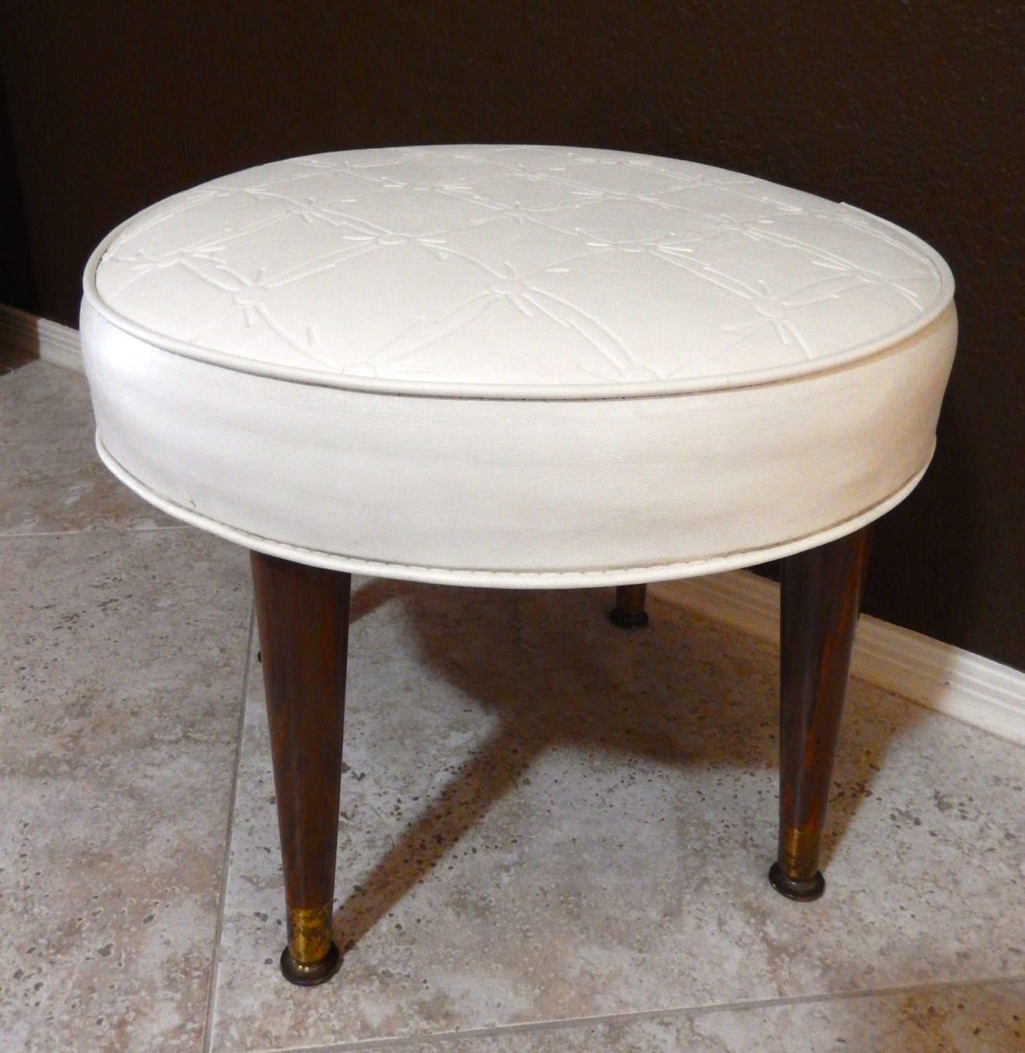 Mid Century Modern Round White Patterned Vinyl Ottoman Foot Stool ...