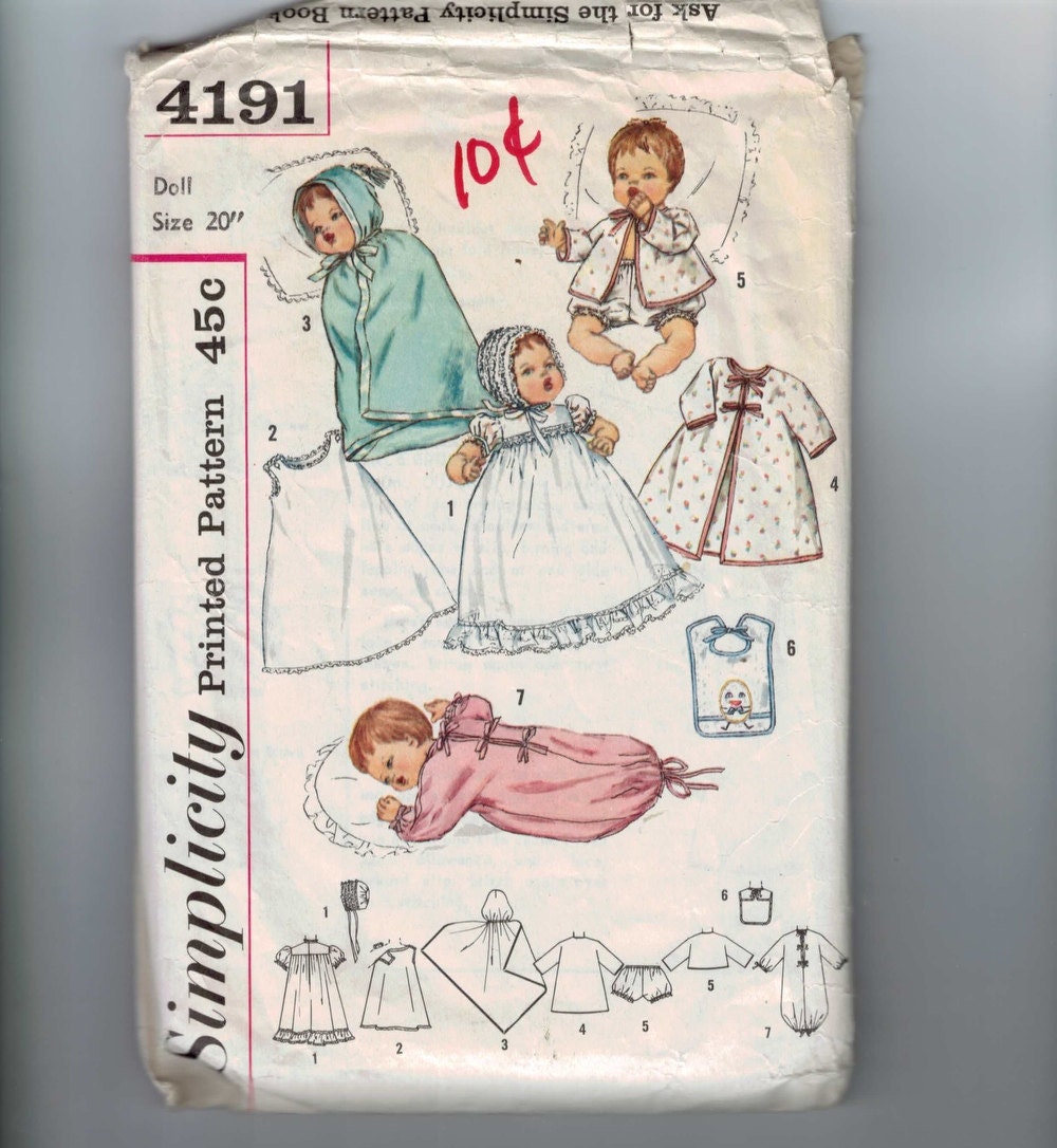 1960s Vintage Doll Sewing Pattern Simplicity 4191 16 or 20