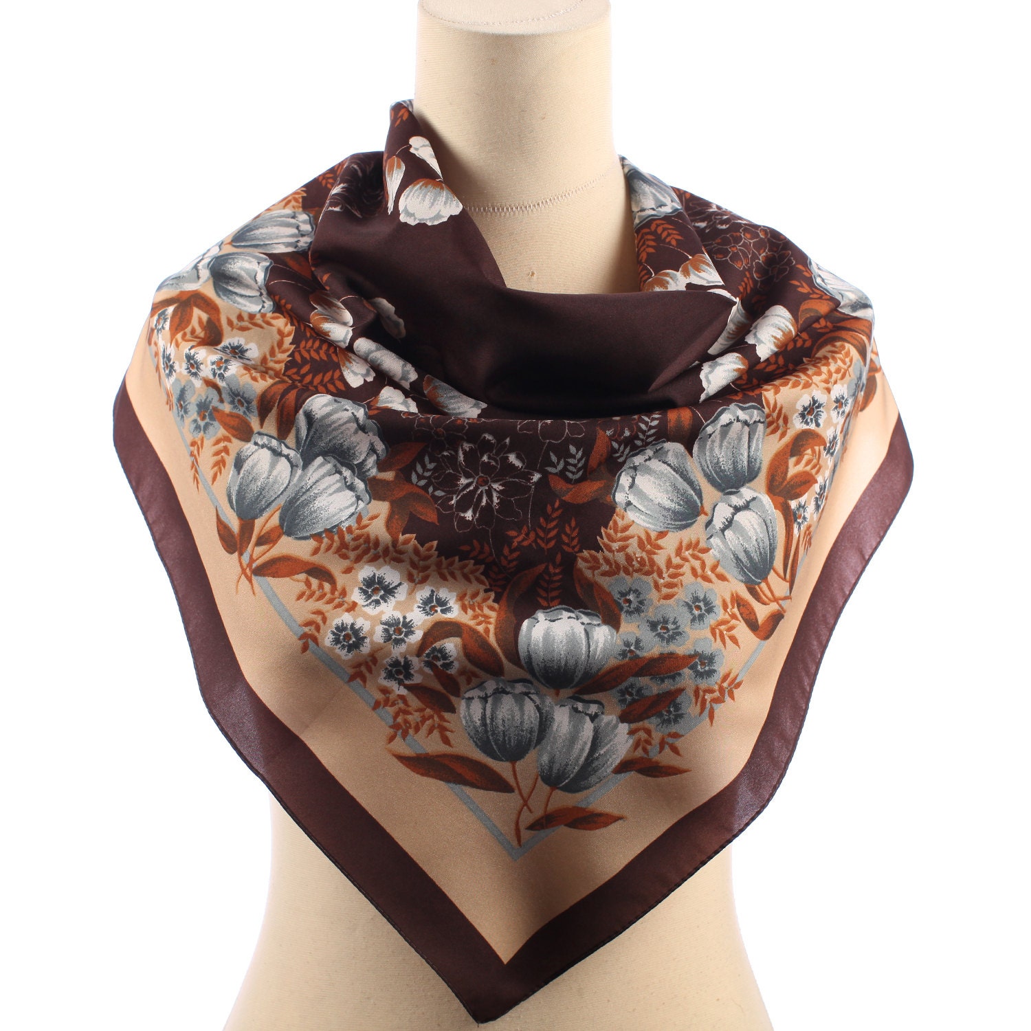 Vintage BOHEMIAN Scarf . Retro 70s Brown Floral Print Shawl Muffle Gray ...