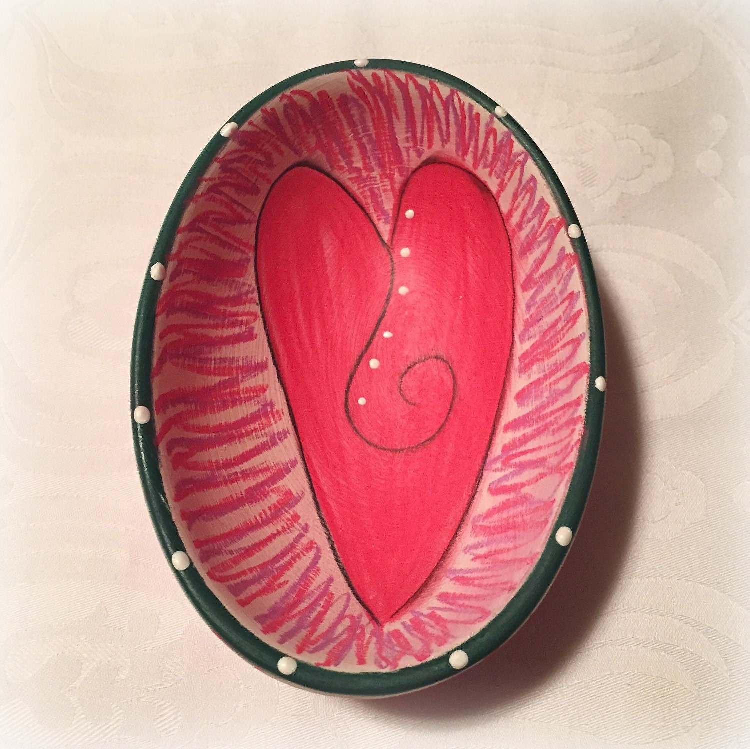 A small decorative handpainted bowl pottery pink heart very detailed ...