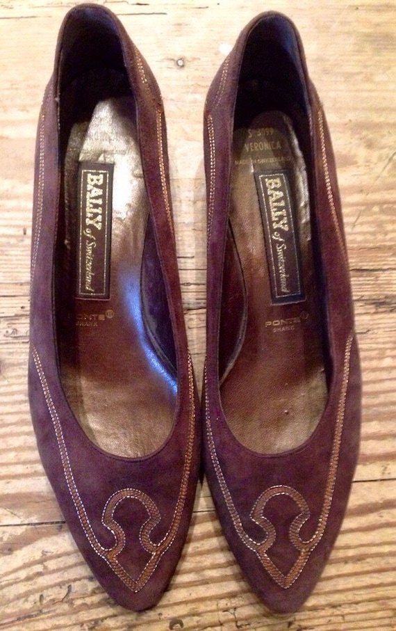 Vintage 1980s BALLY low heel brown leather suede metallic