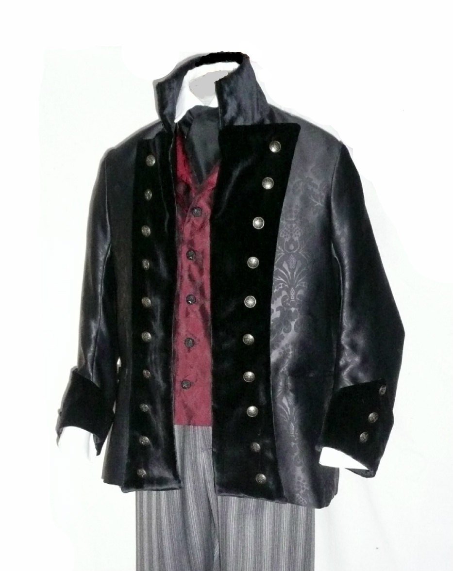 Mans Steampunk Military Pirate Coat in Black with Velvet and