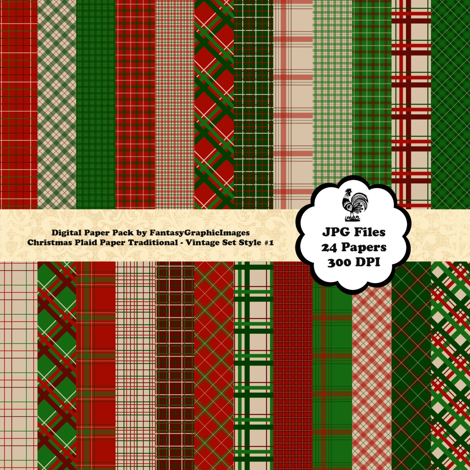 Christmas Plaid Digital Paper Pack Vintage Color Style Set