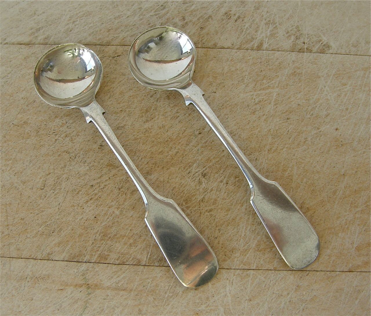 2 SALT SPOONS Silver Plate Fiddle Back Shape Several Hallmarks Matching ...