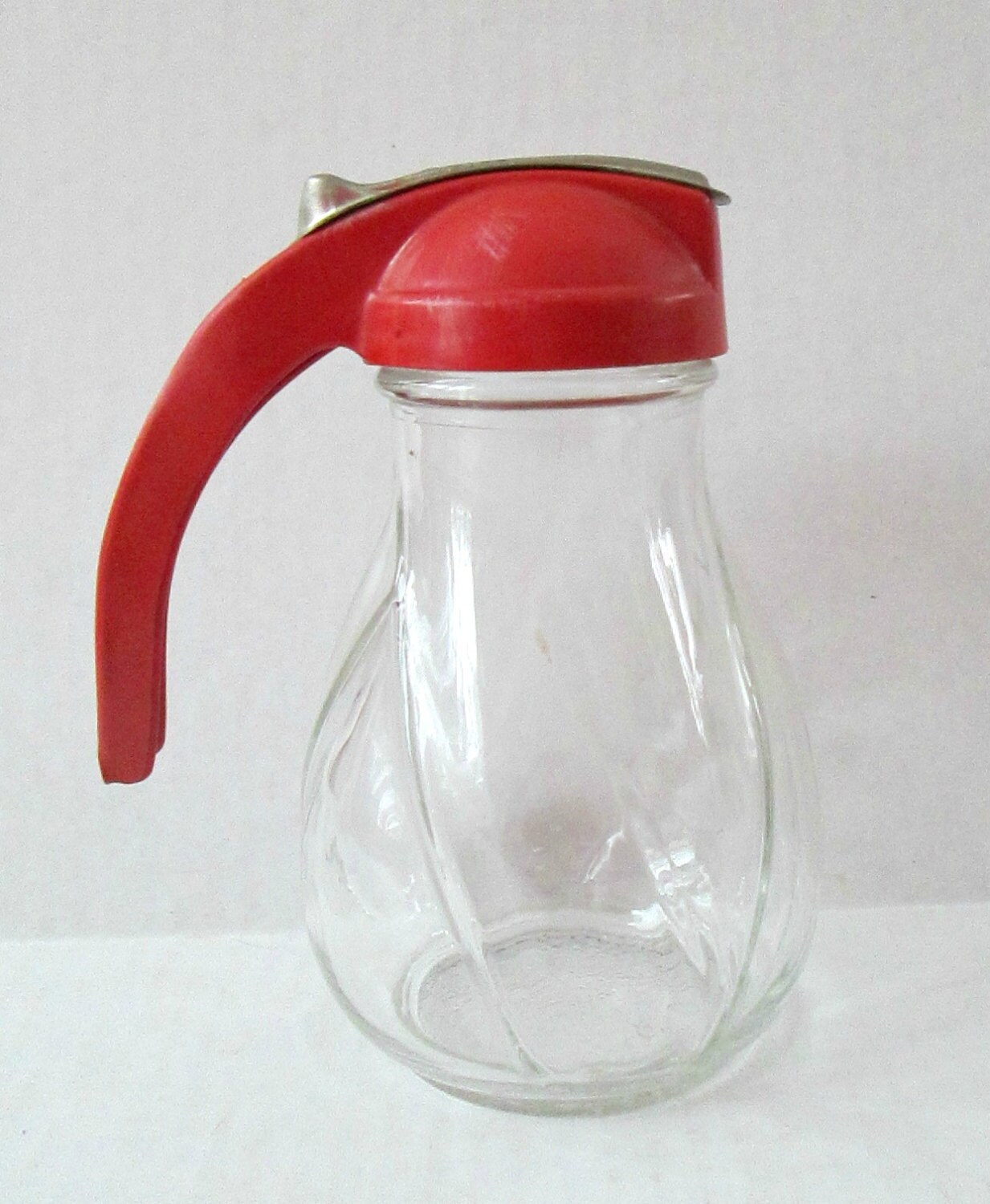 Red Handle Glass Syrup Pitcher Dispenser / by looseendsvintage