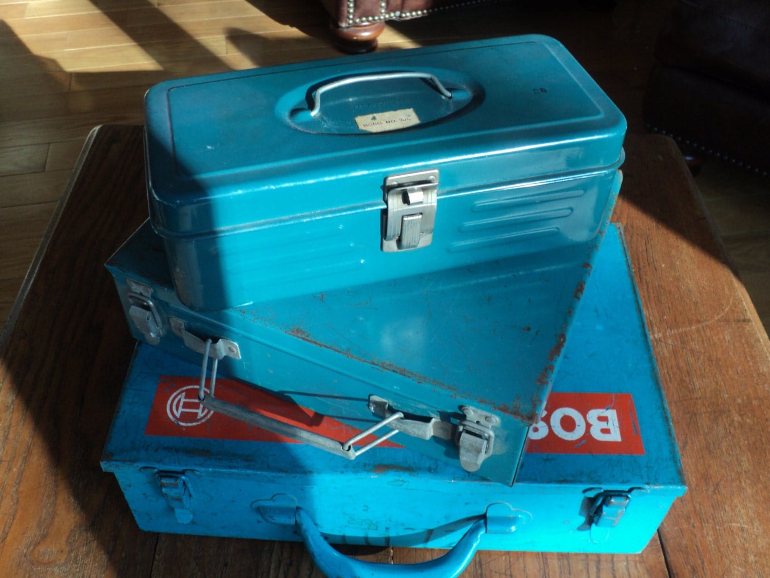 3 Vintage Metal Industrial Strength Tool Boxes covered with Teal enamel ...