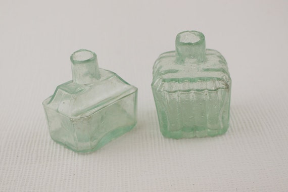 2 Vintage Clear Green Glass Ink Well Small inkwell Square and
