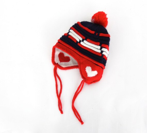 Vintage Heart Knit Helmet Style Hat Valentine Hat in Red white