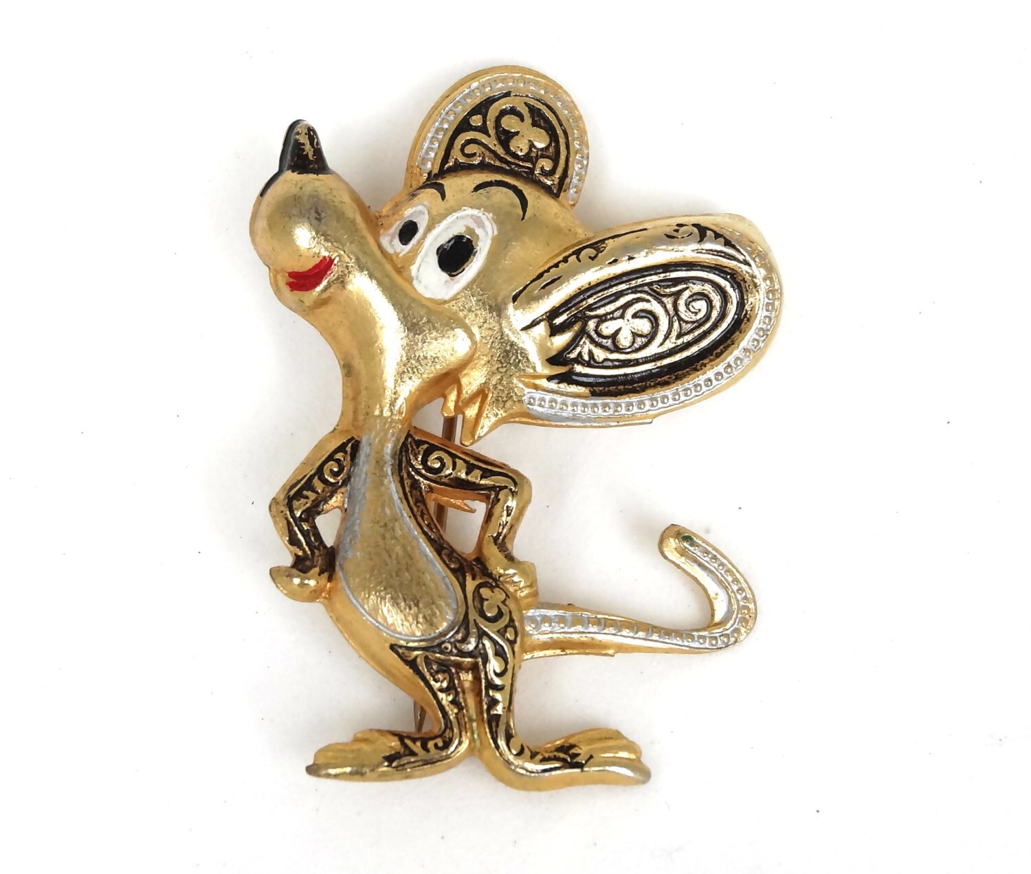 Vintage Damascene Mouse Pin Brooch Gold Black & Silver Enamel Signed ...