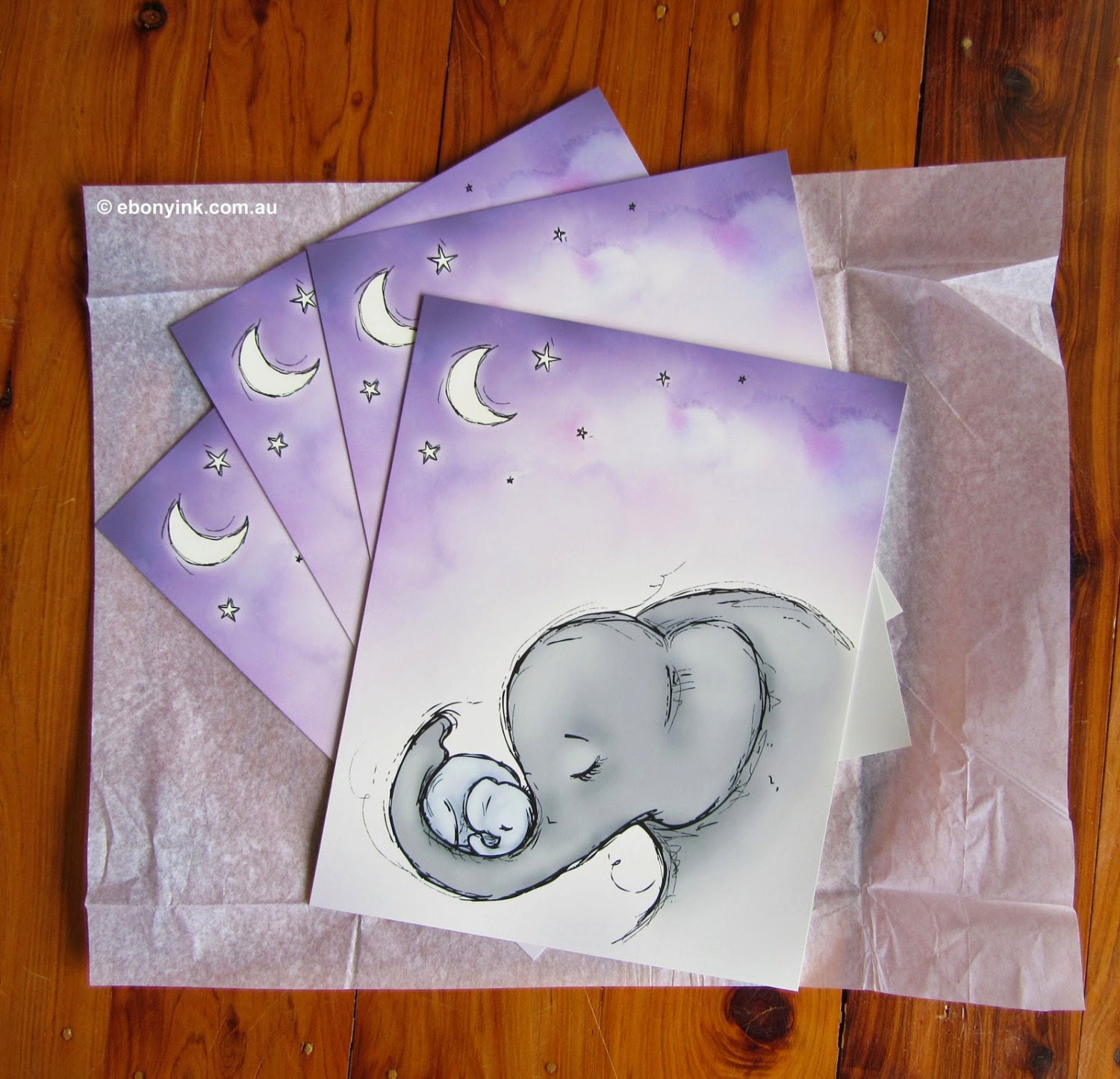 Wall art Goodnight Elephants nursery purple 8 x10