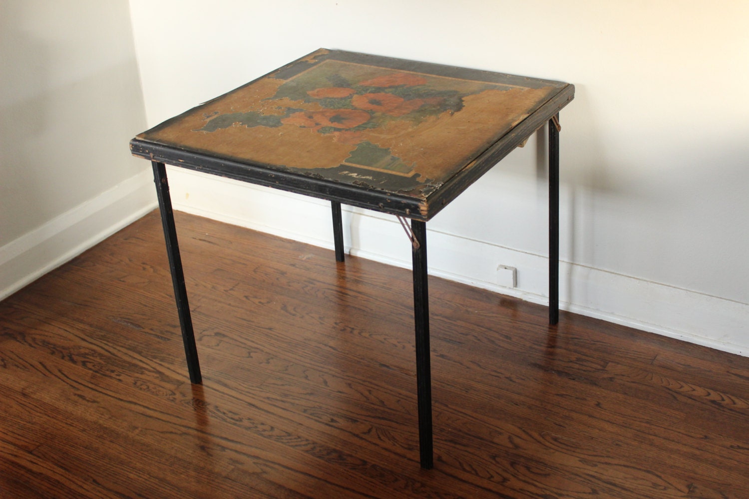 Beautifully Aged Vintage Wood Folding Card Table With Flowers Haute 