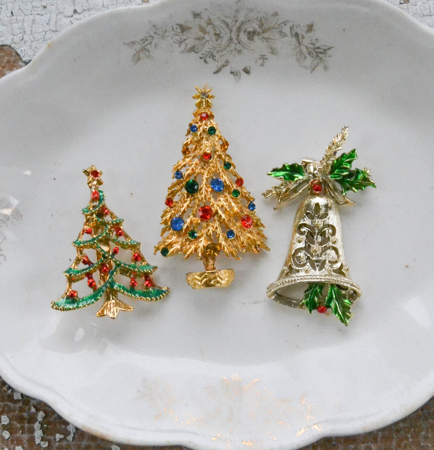 Vintage Christmas Brooch Set Tree and Bell Rhinestone Gold