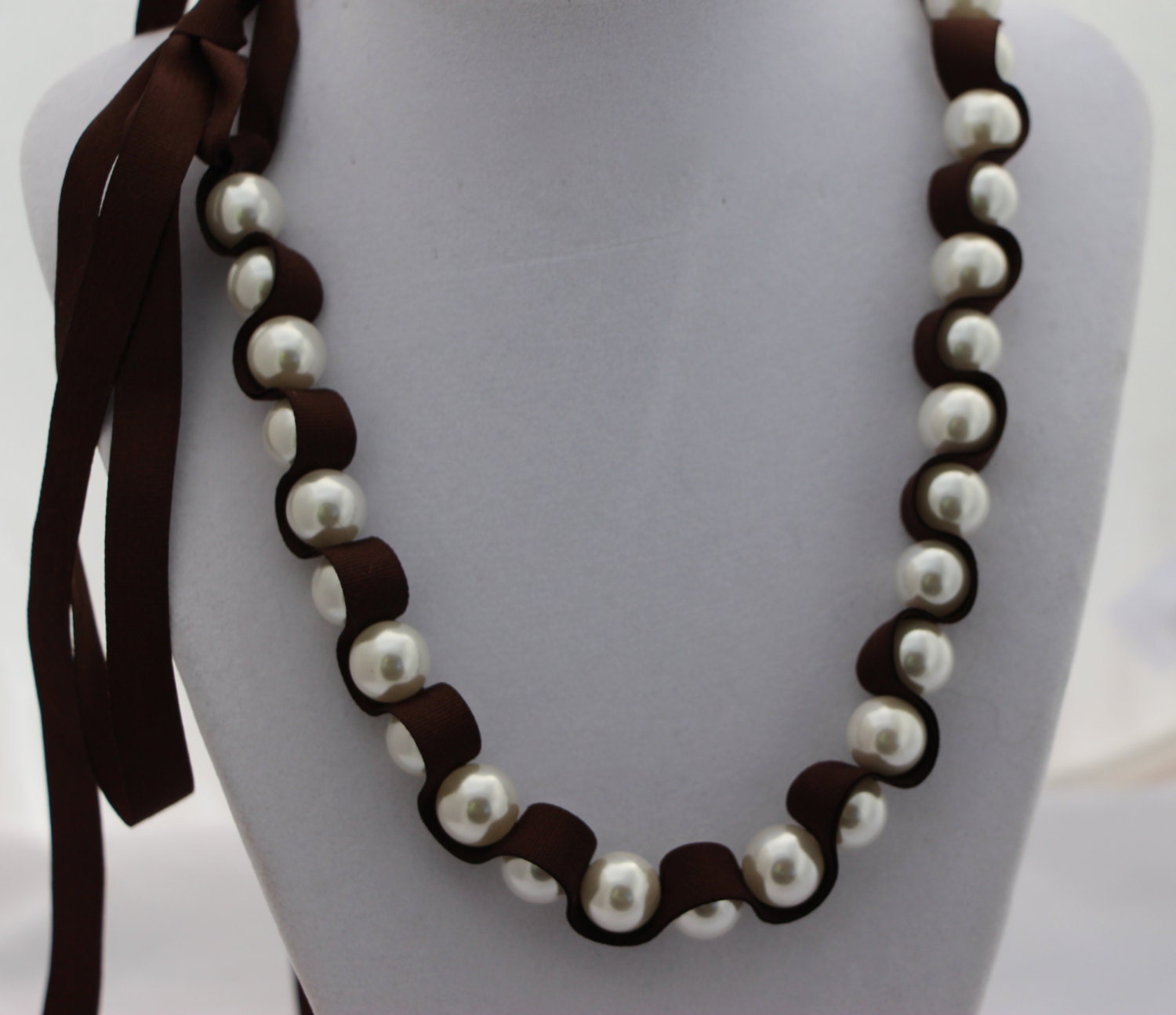 Ribbon and Pearl Necklace Brown and White by CorkscrewJewelry