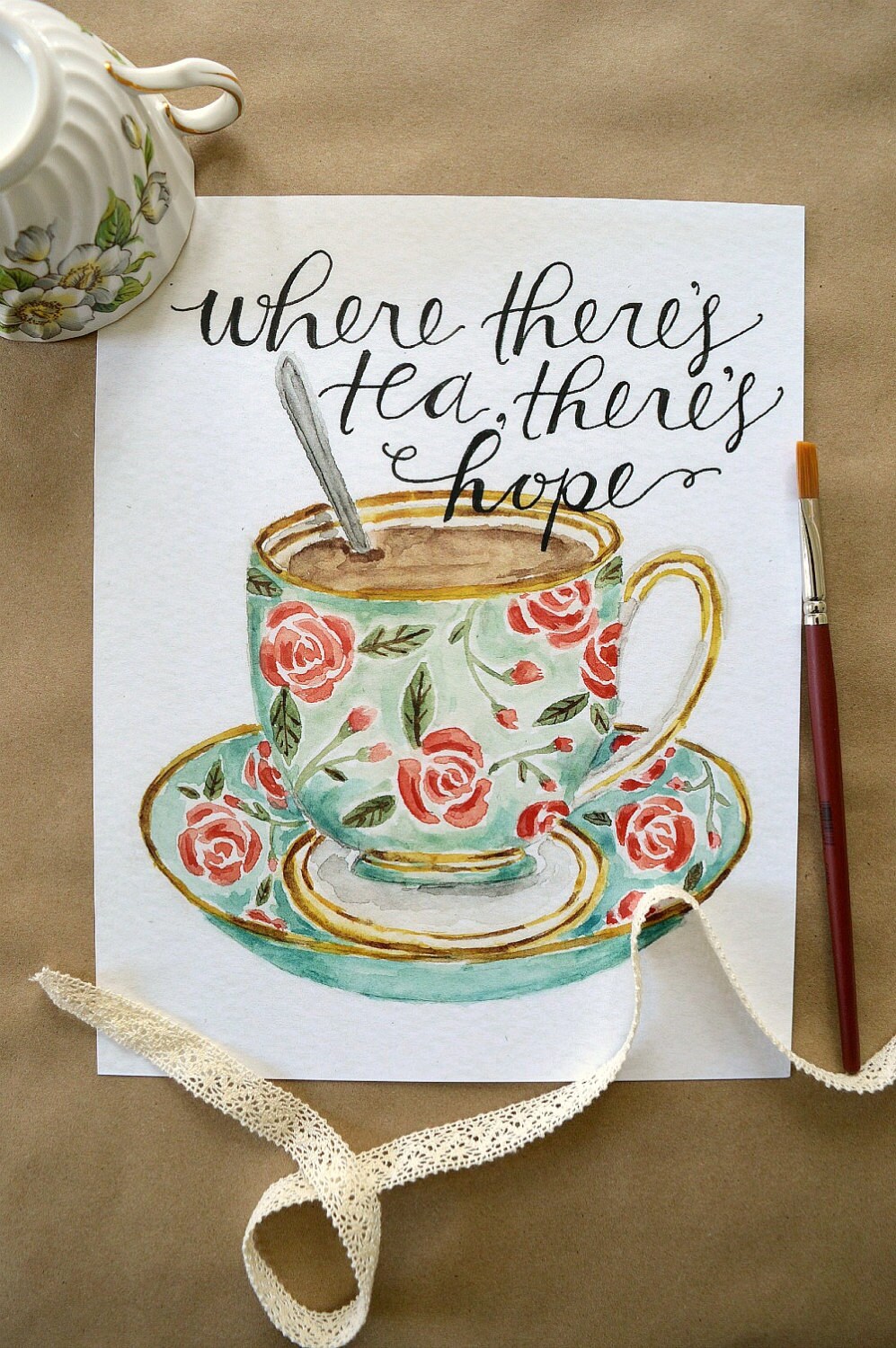 Tea Art Print/ Kitchen Art/ Tea Cup Hope 8x10 Watercolor