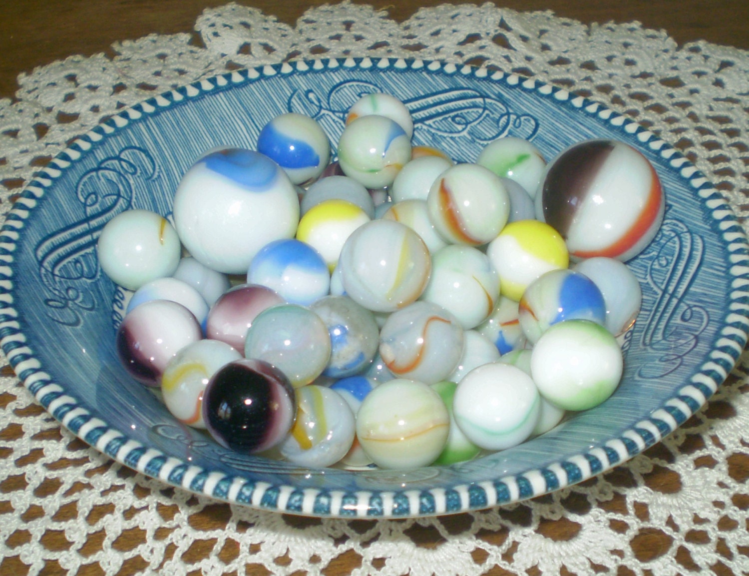 Vintage lot of marbles 55 white and swirl color marbles