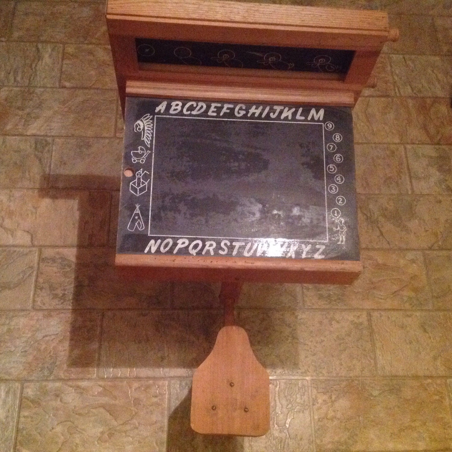Vintage 1950’s Childs Desk with Pegboard and Chalkboard with scrolling ...