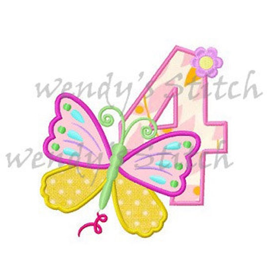 Birthday butterfly applique number 4 machine embroidery design