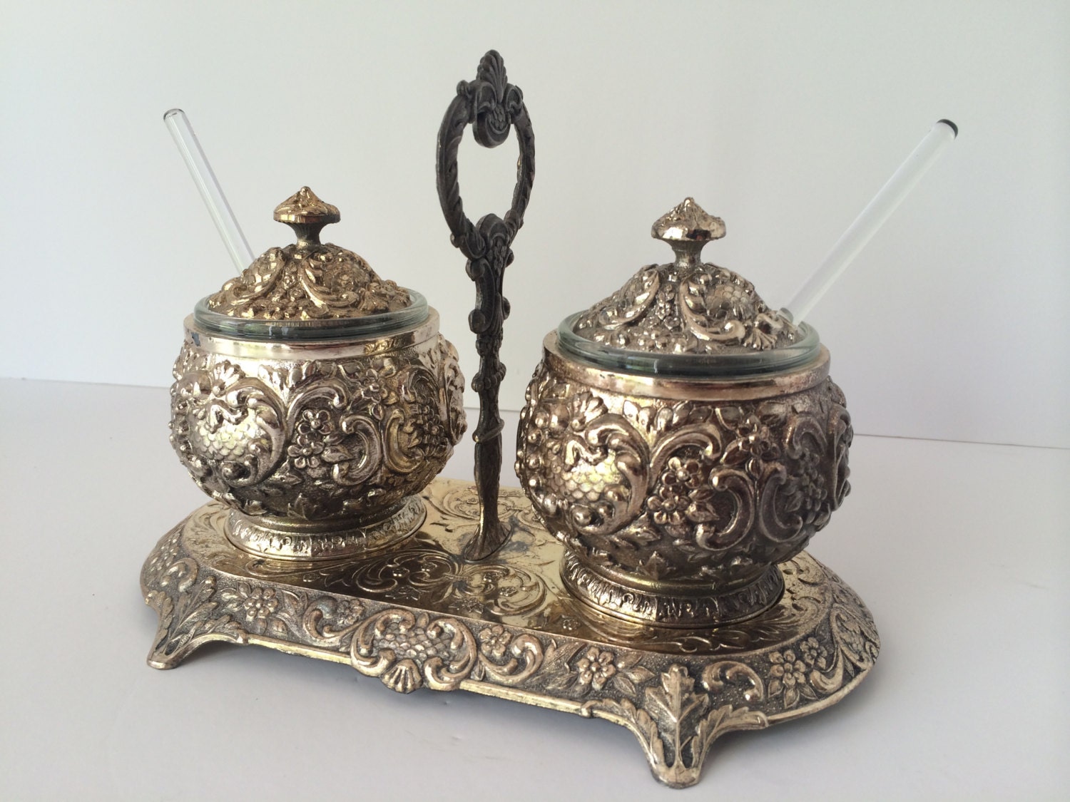 Silver Jam Set, Ornate Nickel Silver, Silver Condiment Set, Embossed ...