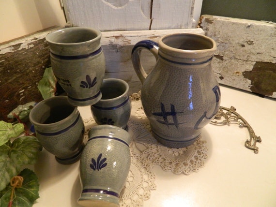 Vintage German Salt Glaze Stoneware Pottery Pitcher and 4 Cups