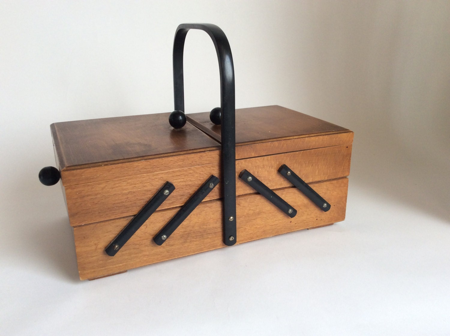 Vintage sewing Box Wooden knitting sewing basket organizer mid Century ...