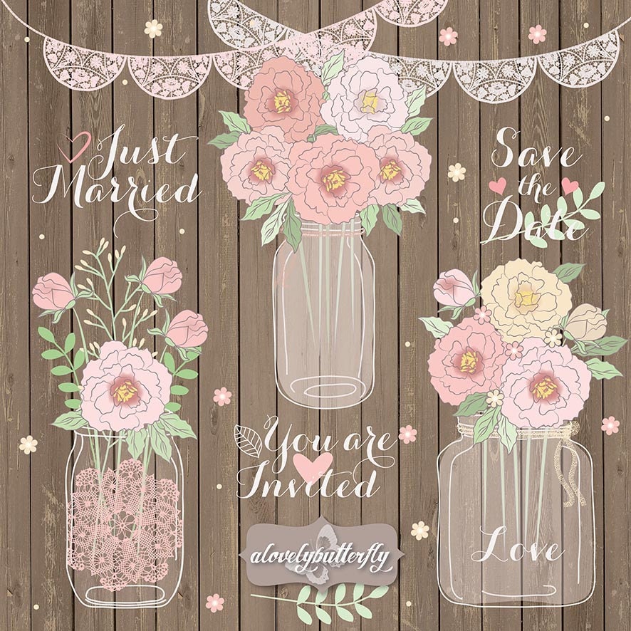 Rustic wedding clipart and digital paper Peonies clipart