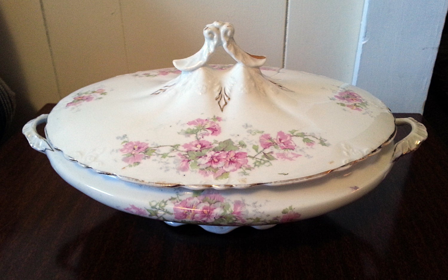 Vintage Edwin Knowles White Soup Tureen With Floral Pattern with Gold ...